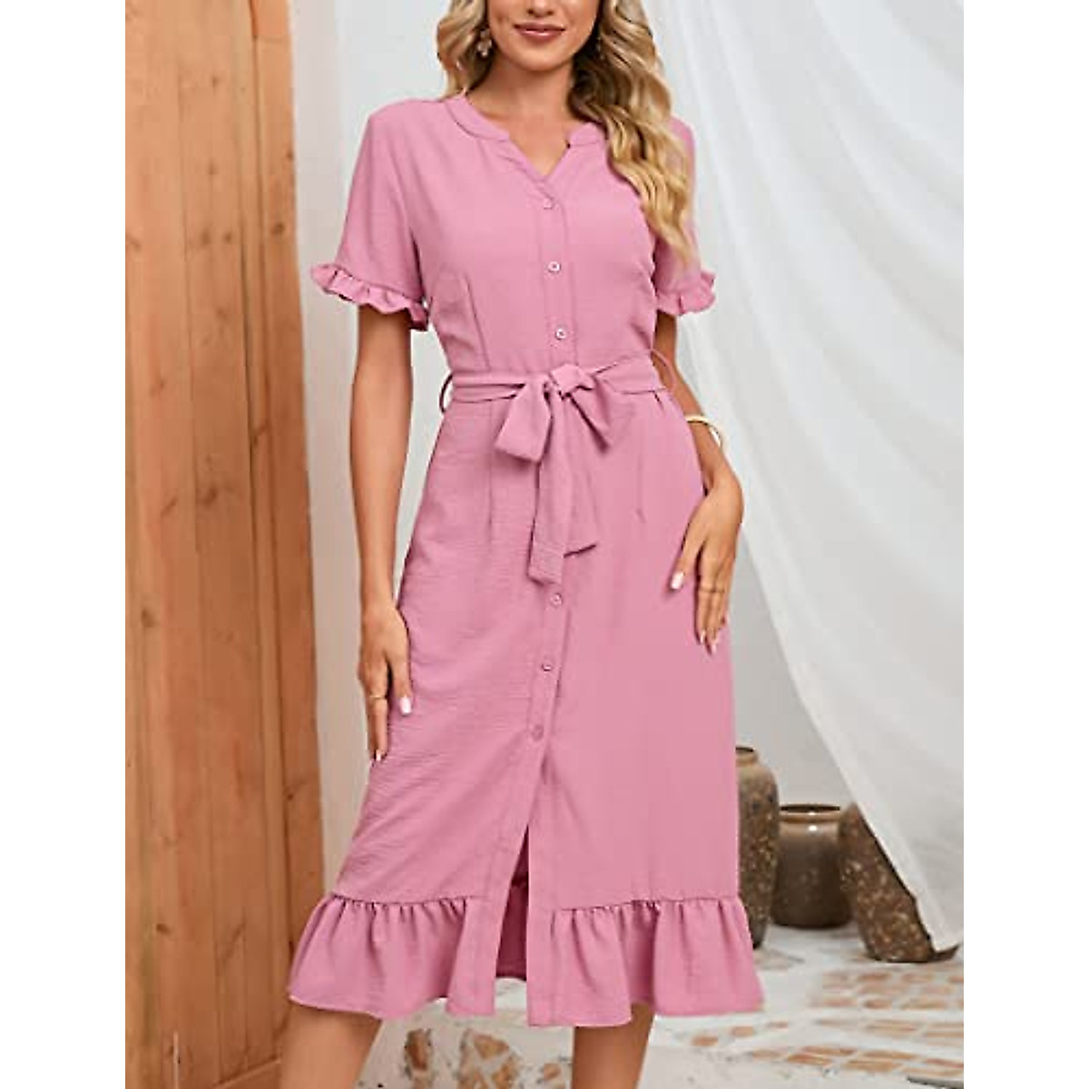 KOJOOIN Women's Button Down Midi Shirt Dress Summer Short Sleeve Tie Waist Split Business Casual Work Long Maxi Dress Dusty Pink XL
