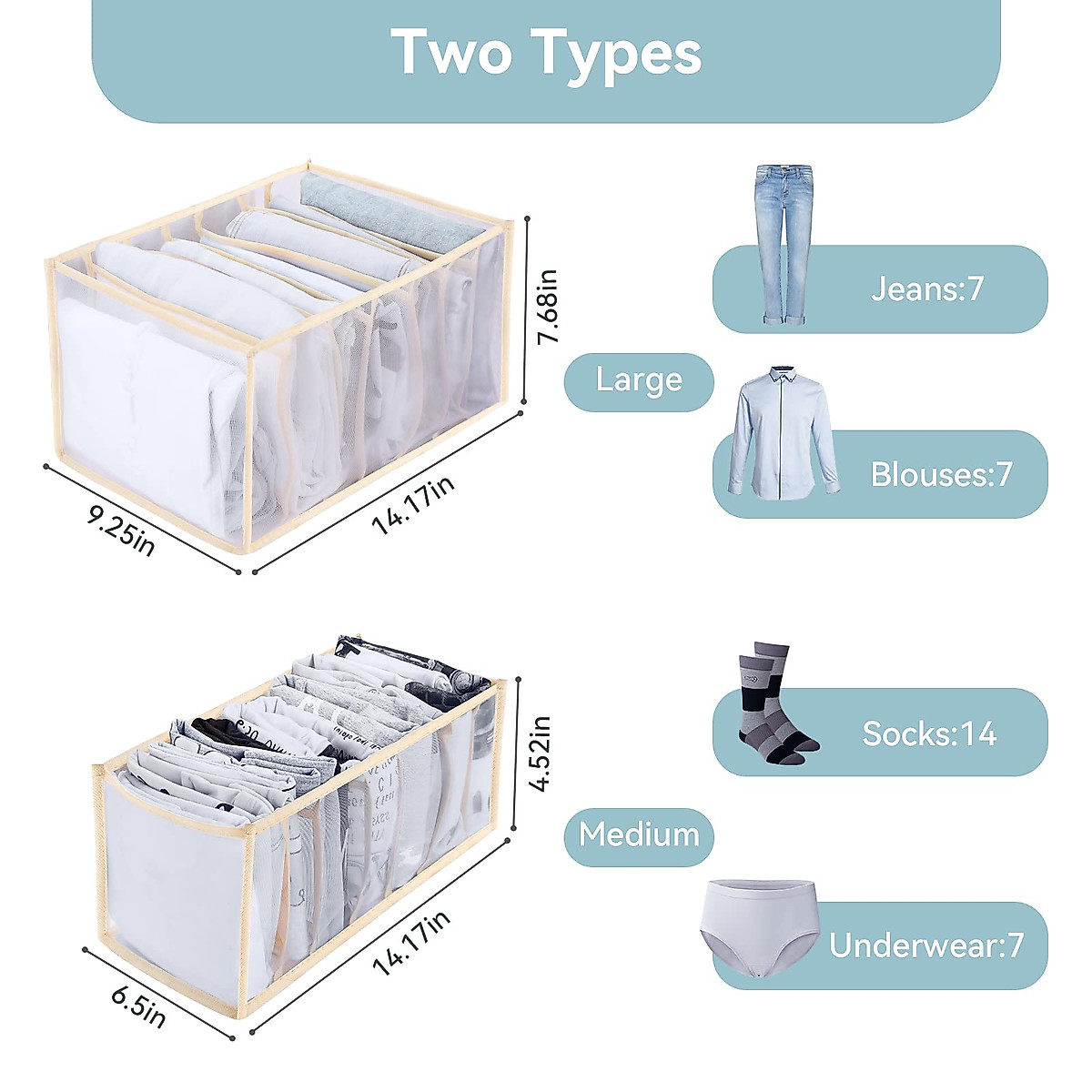 HIPTIS Wardrobe Clothes Organizer, 4PCS Closet Drawer Organizer for Closet, Mesh Clothes Storage Organizer 7Grids for Thin Jeans, T-shirts, Underwear, Socks, Scarves, Leggings, Skirts 2L+2M