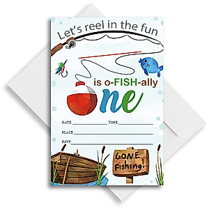 LoaHak Fishing 1st O-Fish-Ally One Birthday Decorations, Fishing Party Celebration, Fishing Invitations For Birthday. (086)