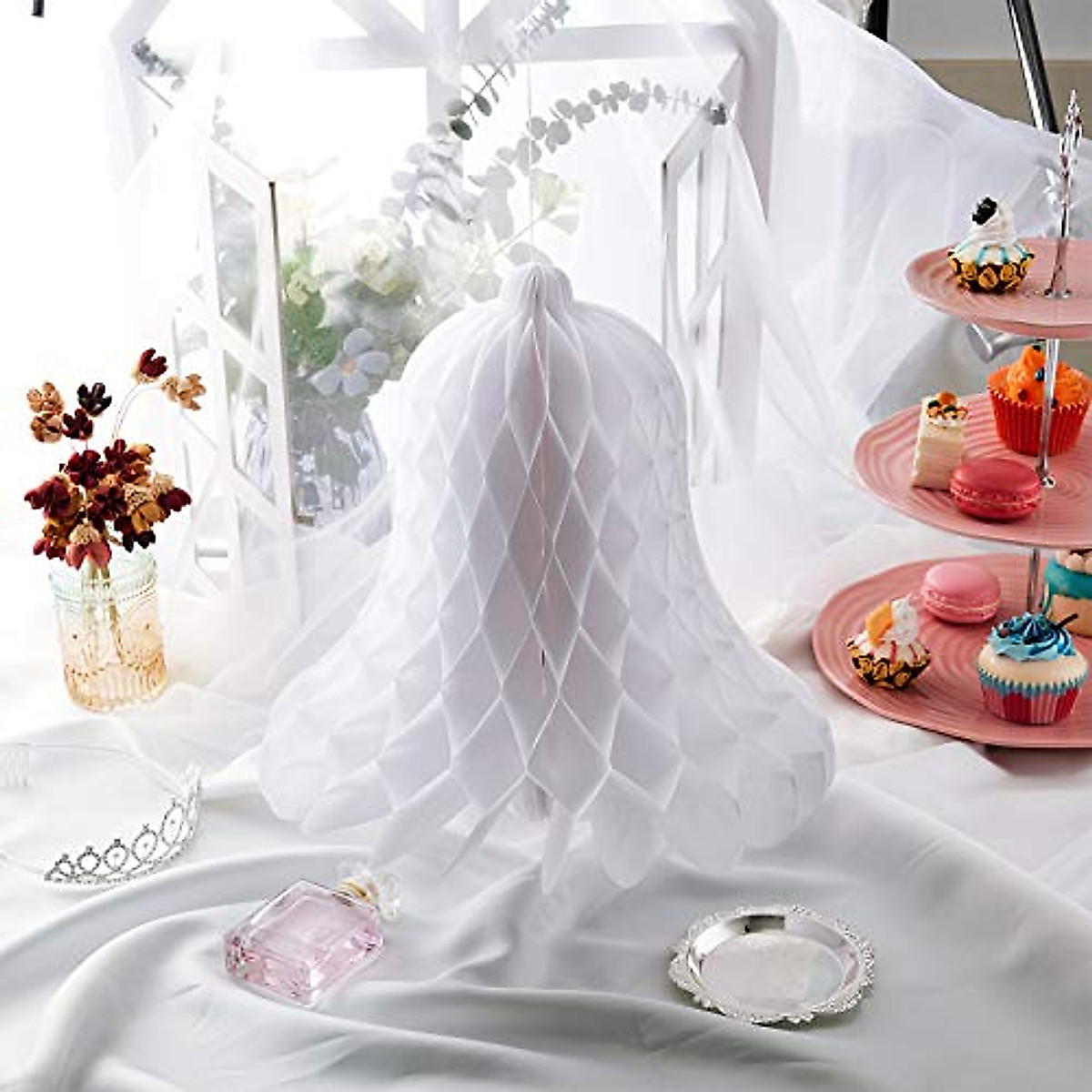 WILLBOND 5 Pieces Big Heavy Paper Bells Hanging Honeycomb Wedding Bells White Bridal Honeycomb Bells Decorating Supplies Suitable for Weddings, Parties, Baby Showers