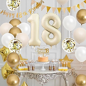 18th Birthday Decorations Sand White Gold,18th Birthday Balloons Beige Gold,Happy 18th Birthday Banner with Cake Toppers Number 18 Balloons for Girls Boys Birthday Party Decorations