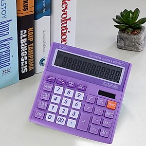 Desktop Calculator Basic Office Desk Calculator 12 Digit with Solar Power and Easy to Read LCD Display, Big Buttons, for Home, Office, School, Class and Business, with Battery - Purple