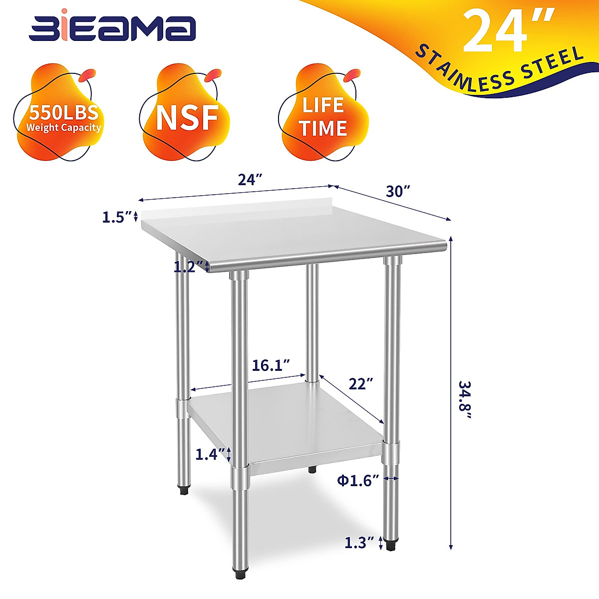 BIEAMA 24 x 30 Inches Stainless Steel Prep Work Table NSF with Backsplash and Adjustable Under Shelf, Commercial Worktable Restaurant, Home and Hotel