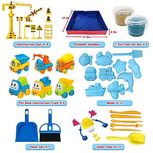 ESSENSON Play Construction Sand Kit - 3lbs Sand with 2 Colors, 6 Mini Construction Trucks, Construction Toys and Signs, Animal Mold, Modeling Tools, Foldable Sandbox, Gifts for Boys Girls