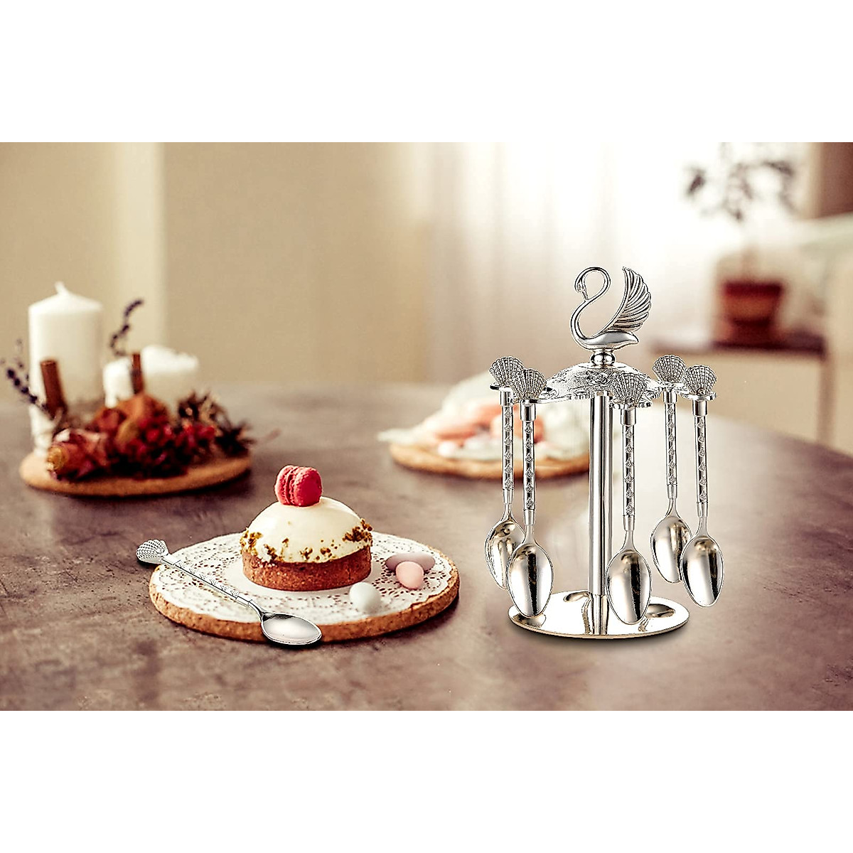 Decorative Swan Base Holder with 6 Spoons, Teaspoons, Coffee Dessert Spoons Set for Fruit, Stirring, Mixing, Sugar, Ice Cream, Cake (Silver)