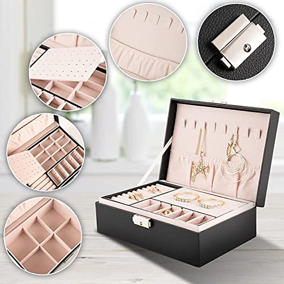 SYCARON 2023 Upgraded Jewelry Organizer Box for Women Girls, Large Travel Jewellry Organizer Case 2 Layer PU Leather Soft Lining with Lock for Rings Earrings Necklace Bracelets, Black