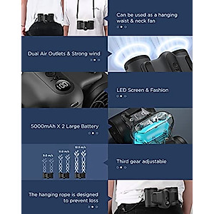 ICEBIRDS Portable Waist Clip Fan New Personal Belt & Outdoor Body Fan, 10000mAh Rechargeable Battery Powered Hanging Neck Fan, Super Strong Airflow, 3 Speed for Outdoor Workers, Hiking