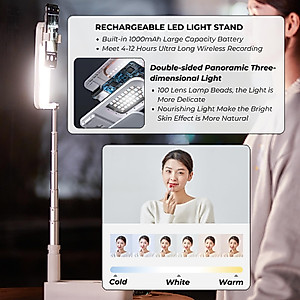 beyonday Foldable Phone Holder for Recording, Selfie Stand with Rechargeable LED Light&Wireless Remote Control 360° Rotatable Retractable Phone Stand for Video Recording/Live Streaming/Online Teaching