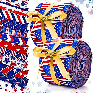 60 Pcs Cotton Jelly 4th of July Fabric Roll Independence Day Fabric Strips Cotton Jelly Fabric Patriotic Quilting Fabric Roll for Sewing DIY Patchwork, 12 Styles