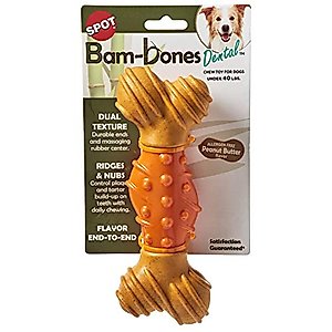 SPOT Bam-Bones Dental Bone - Made with Bamboo Fiber and a Massaging Rubber Center, Durable Oral Care Dog Chew for Light Chewers & Teething Puppies Under 40lbs, 7in, Allergen Free Peanut Butter Flavor