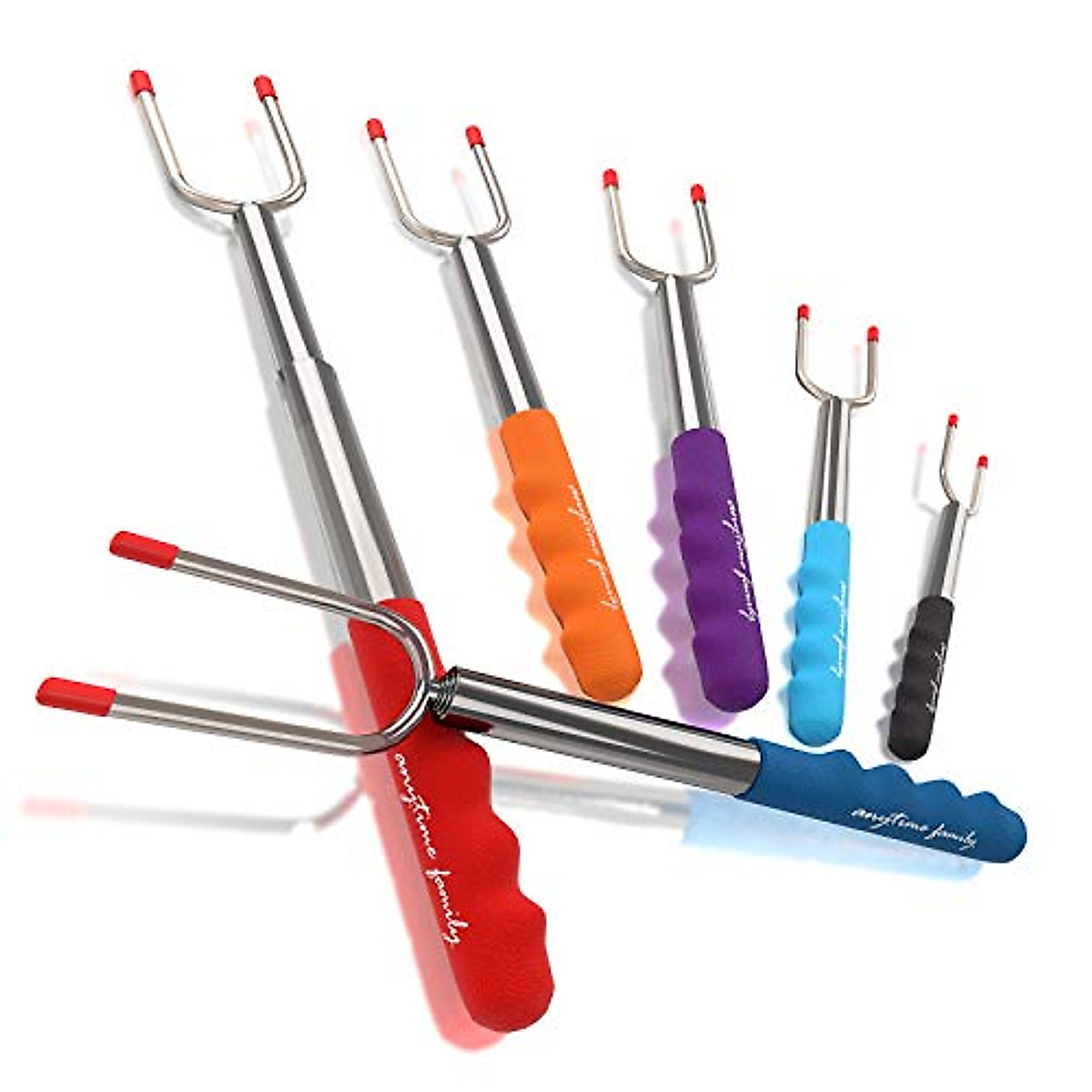 anytime family Extending Marshmallow Roasting Sticks 45" - 6 Premium Telescoping STAINLESS STEEL S’mores Skewers; Campfire, fire pit, camping. S'mores recipes eBook (Multicolor, 6 sticks)