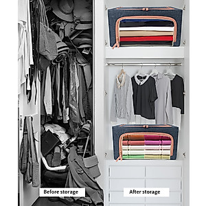 Pranski 2-PACK Clothes Storage Bins Box, Linen Fabric Foldable Cloth Container with Clear Window & Carry Handles Metal Steel Frame - Large Capacity for Closet, Blankets, Toys, Books (Blue, 22L)