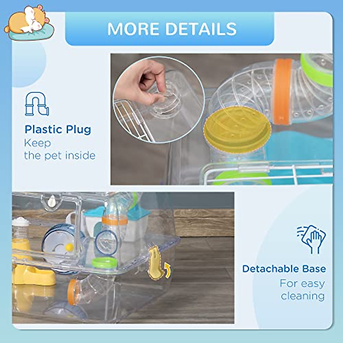 PawHut Hamster Cage, 2-Level Rat House Mouse Habitat with Accessories Tube Tunnels, Exercise Wheel, Water Bottle, Food Dish, Hut, 22" x 15" x 12.5", Transparent