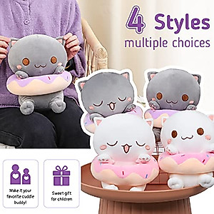 AIXINI 10inch Cute Cat Plush with Donut Stuffed Squishy Animal, Super Soft Kawaii Kitten Plushies for Kids (Grey,A)