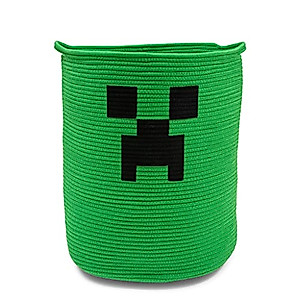 Minecraft Green Creeper Woven Cotton Rope Hamper Storage Basket For Laundry, Dirty Clothes Organizer