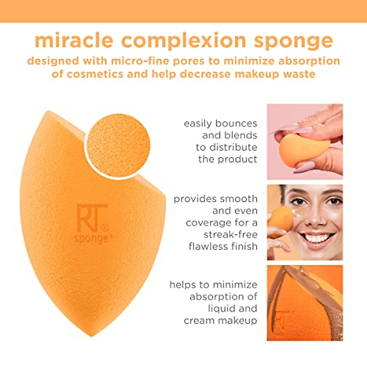 Real Techniques Miracle Complexion Sponge, Makeup Blending Sponge, For Foundation, Offers Light To Medium Coverage, Natural, Dewy Makeup, Orange Sponge, Latex-Free Foam, 4 Count