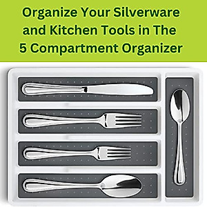 Perfect Life Ideas 5 Compartment Silverware Tray for Kitchen Drawers, Small Drawer Organizer - Soft Nonslip Utensil Drawer Holder with Soft Grip Lining - Compact Cutlery Tray