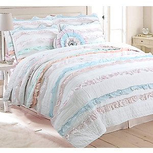 Cozy Line Home Fashions Light Pink Blue Coral White Ruffle 100% Cotton Reversible Girl Quilt Bedding Set, Reversible Coverlet Bedspread (Shabby Chic, Queen - 3 Piece)
