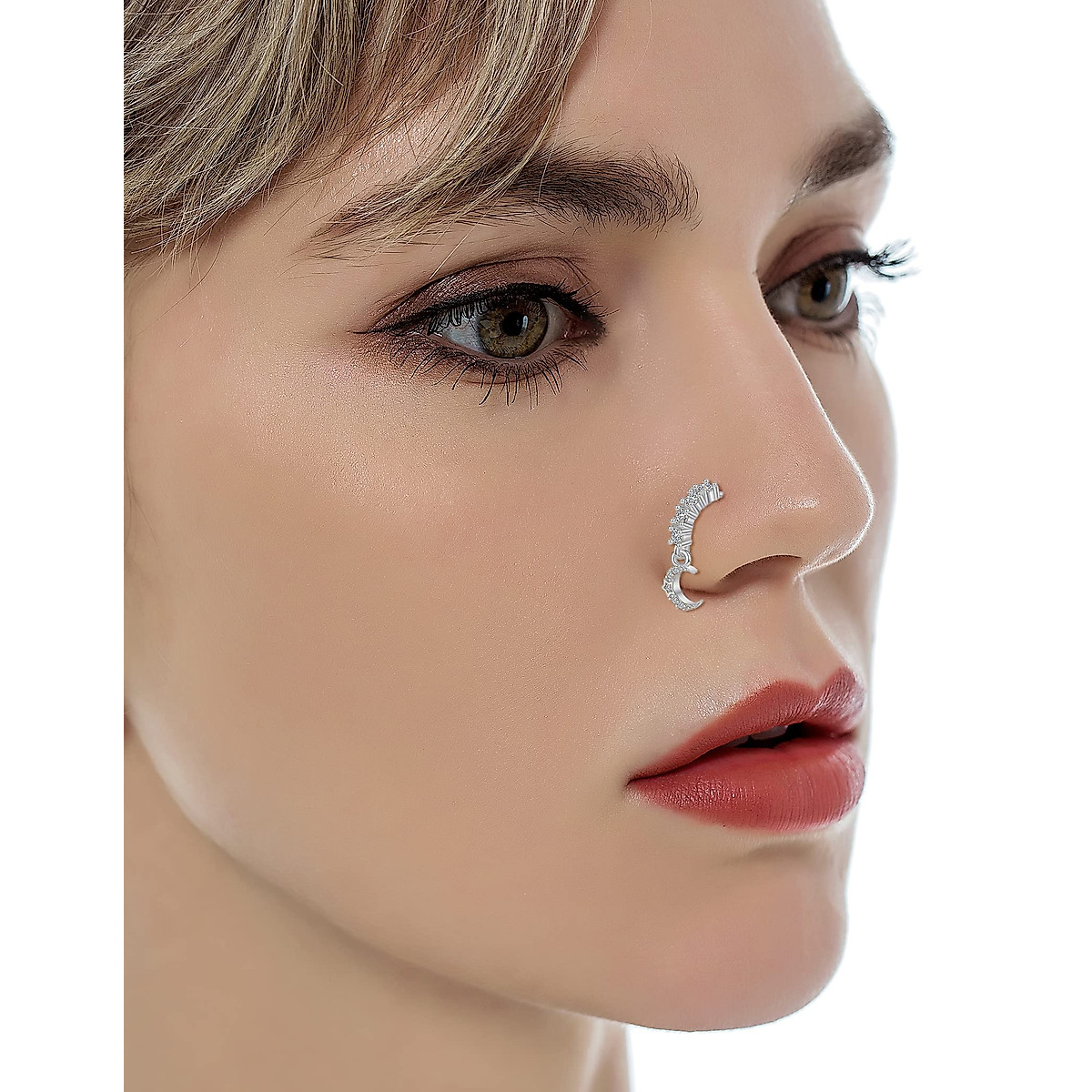 Tornito 10Pcs Dangle Nose Rings Hoop Butterfly Heart Moon Flower Star CZ Cartilage Earring Dangling Nose Body Piercing Jewelry 20G Silver Tone