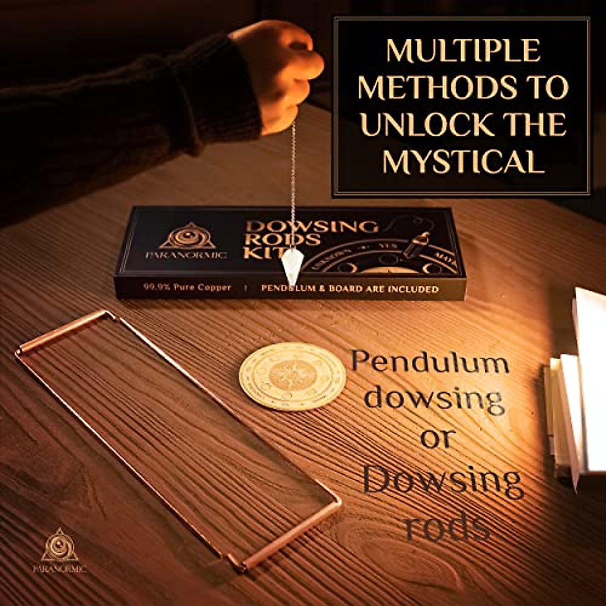 Copper Dowsing Rods Spiritual & Pendulum Board Kit with Mat & Quartz Crystal – Set of 2 Pure Copper Spiritual Rods – Discover Paranormal Secrets with Divining Rods by PARANORMIC