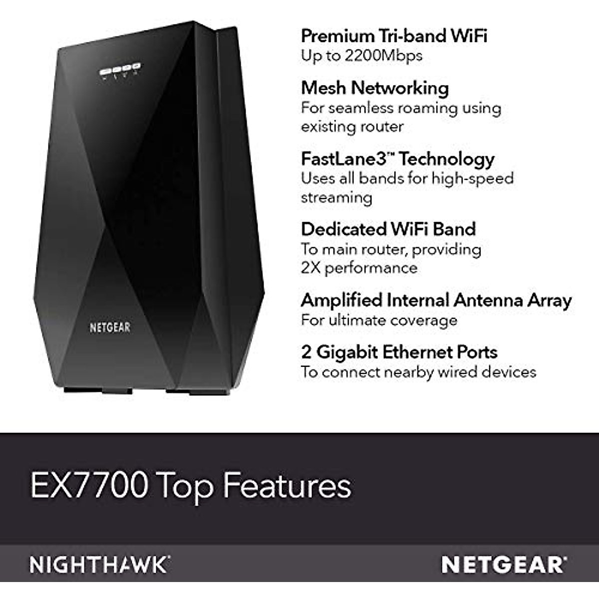 NETGEAR WiFi Mesh Range Extender EX7700 - Coverage up to 2300 sq.ft. and 45 devices with AC2200 Tri-Band Wireless Signal Booster & Repeater (up to 2200Mbps speed), plus Mesh Smart Roaming