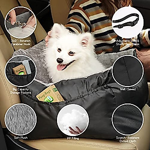 Dog Car Seat Pet Booster Car Seat for Small Dogs with Double-Sided Cushion, Adjustable Clip-On Safety Leash, Sturdy Snap Hook, Two Storage Pockets, Detachable Washable Comfy Ultra Soft Car Travel Bed