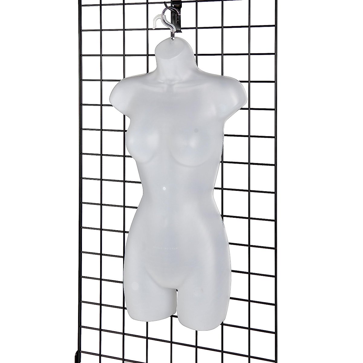 SSWBasics Female Molded Shatterproof Frosted Shapely Torso Form with Hook - Fits Women's Sizes 5-10 - Hanging Fashion Form Mannequin to Display Top and Bottom Merchandise