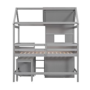 Twin Size House Loft Bed with Storage Desk and 3 Drawer Chest, Wood Loft Bed with Safety Guard Rails, Multi-Functional Loft Bed for Kids Boys Girls Teens Bedroom, Maximize Space Savings (Gray 014)