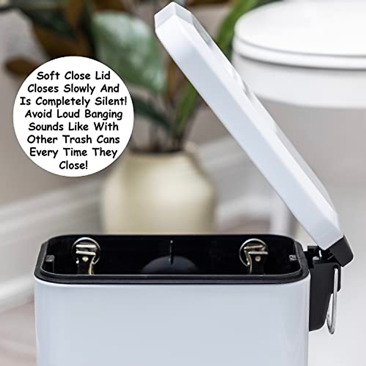 Soft Close, Slim Trash Can 2.6 Gallon with Anti - Bag Slip Liner and Lid, Use as Mini Garbage Basket, Slim Dust Bin, or Decor in Bathroom, Restroom, Kitchen, or Bedroom (10L / 2.6 Gallon, Shiny White)