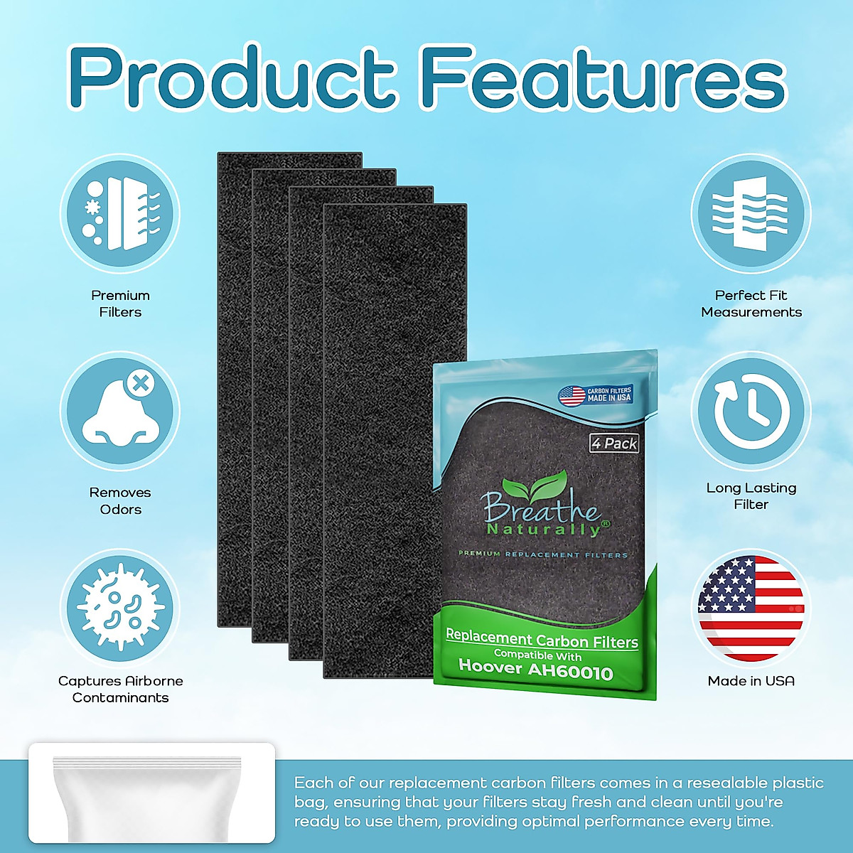 Breathe Naturally - Extra Thick Carbon Filter Replacement Compatible with Hoover Air Purifiers - Carbon Pre-filters Compatible with Hoover AH60010, wh10100 and wh10200 - Made in the USA (4 pack)