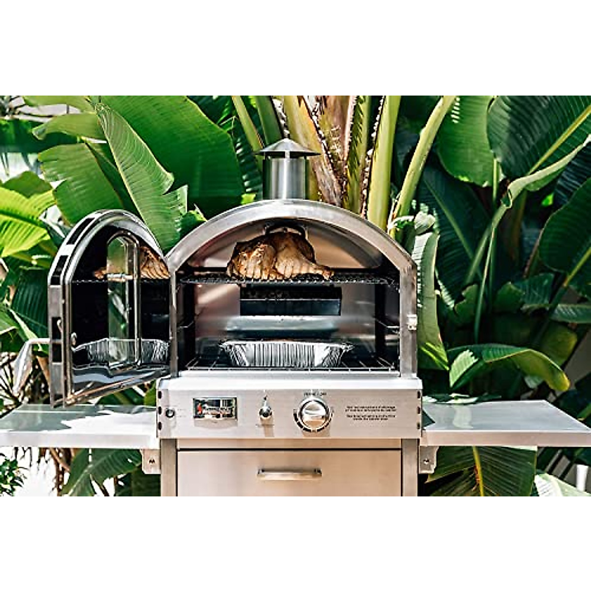 AMS Fireplace Summerset Freestanding Pizza Oven | Large Capacity Propane Gas Outdoor Pizza Oven with Pizza Stone and Smoker Box & Mobile Cart | 304 Stainless Steel Construction | FREE Tabletop Fire Pit (Propane Gas)