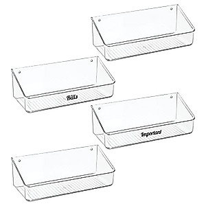 mDesign Wall Mount Storage Organizer Tray Bin - Modern Plastic Wide Hanging Shelf Basket for Walls/Doors in Office - 4 Pack + 32 Adhesive Labels - Clear