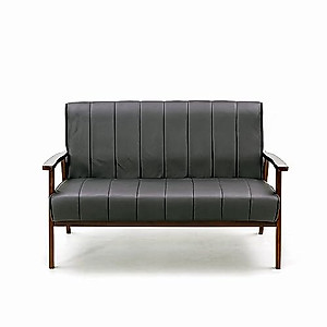 Panana Mid Century Modern Loveseat Sofa with Wooden Arms Leather Office Couch 2-Seat Wood Love Seat Lounge Armchair Living Room Bedroom, Black Faux Leather