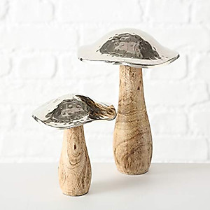 WHW Whole House Worlds Farmers Market Mushrooms, Set of 2, Decorative Kitchen Sculpture, Art, Mango Wood and Hammered Silver Metal, 8 1/4 and 5 1/2 Inches Tall