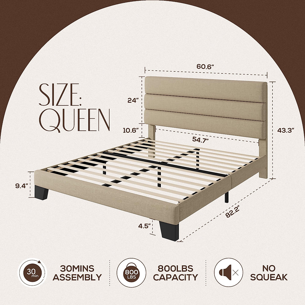 WEEWAY Queen Bed Frame Platform Bed with Linen Fabric Upholstered Headboard and Wooden Slats Support, Heavy Duty Mattress Foundation, No Box Spring Needed, Easy Assembly, Beige
