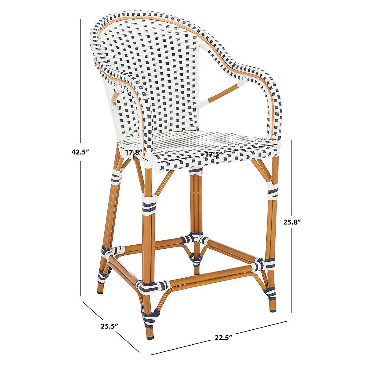 SAFAVIEH Outdoor Collection California White/Navy Bistro Woven Counter Stool with Arms (Fully Assembled)