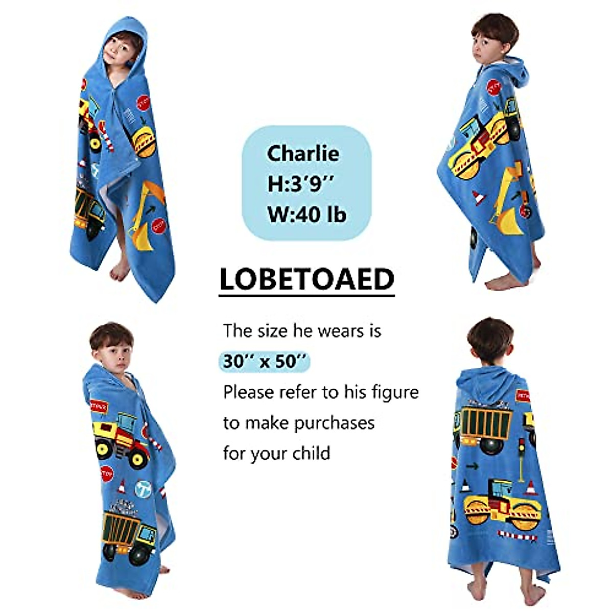 LOBETOAED Kids Hooded Beach Bath Towel,Baby Surf Poncho Toddlers Soft Real Cotton Wrap Changing Robe for Boy Girl Shower/Beach/Pool Child Cover ups 50"x30" Large Towel Wrap,Engineering Vehicle Pattern
