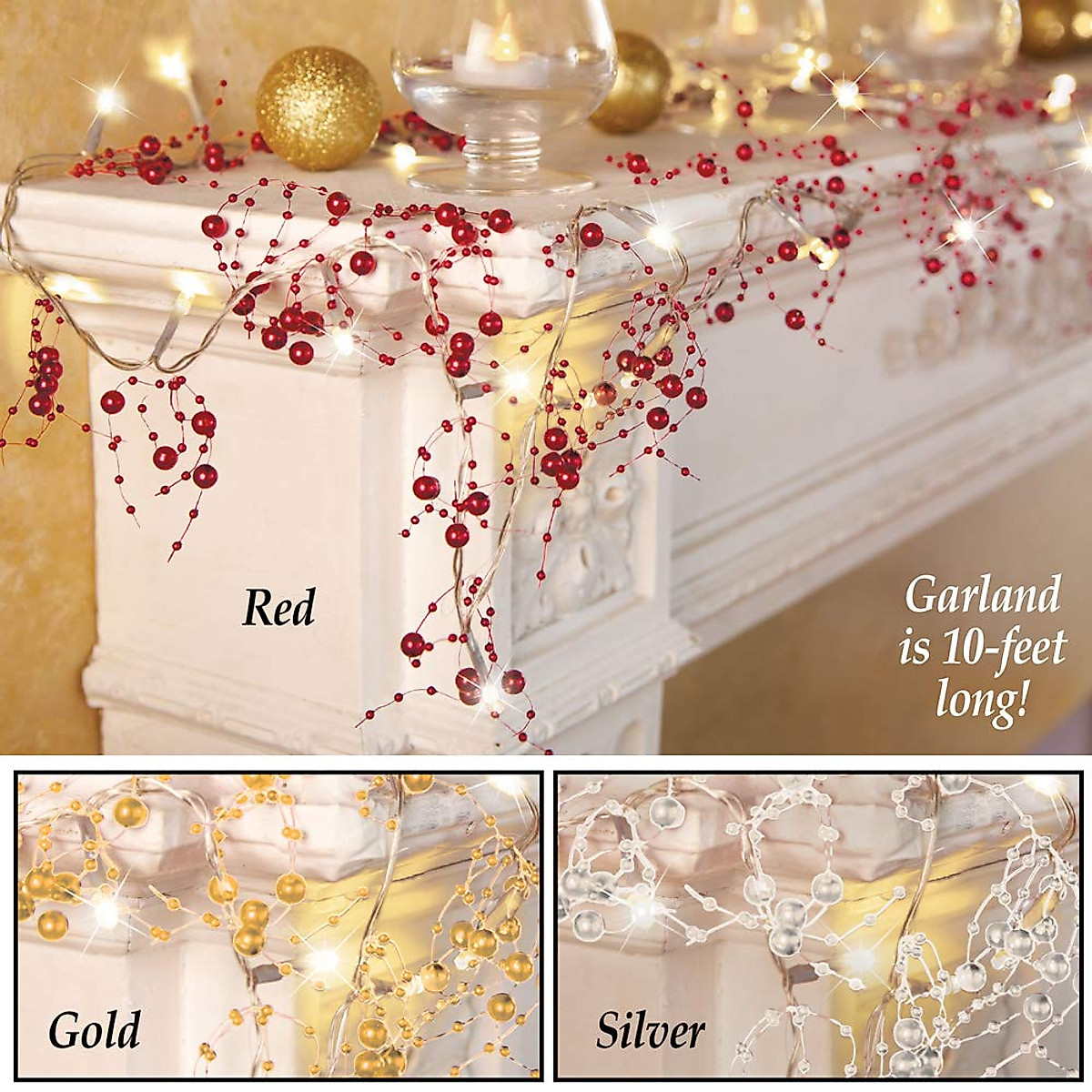 Collections Etc Indoor Christmas Decorations, Festive Lighted Berry Beaded Garland Gold- 120" L