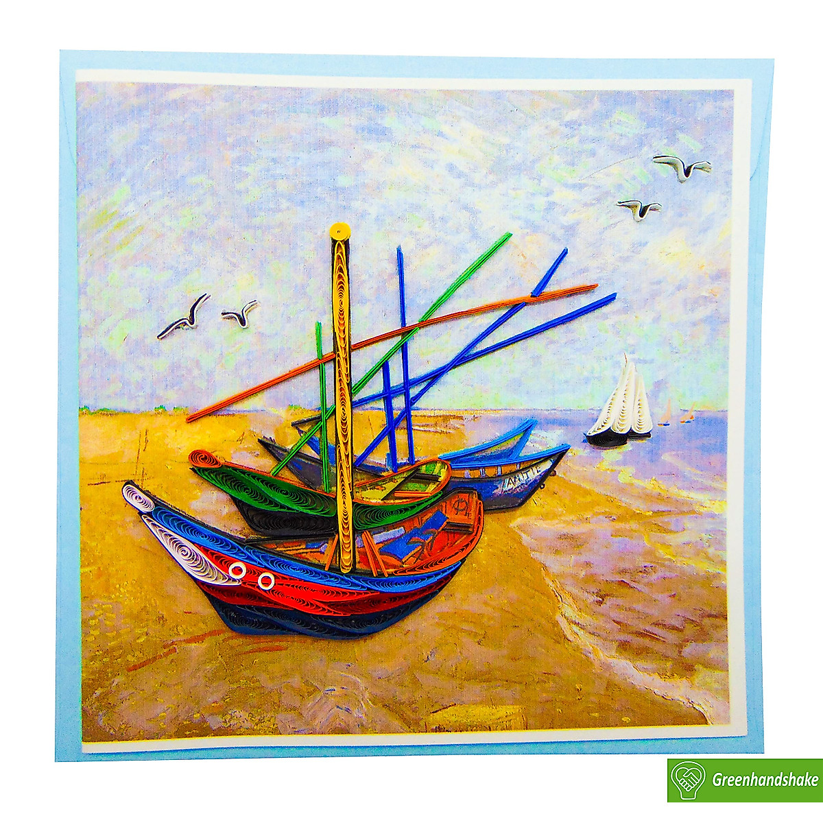 GREENHANDSHAKE Van Gogh Fishing Boats on the Beach (1888) Quilling Art Greeting Card,Design Greeting Card for Birthday, Valentine's Day, Get Well, All Occasion. Framable Artwork for Art Lovers