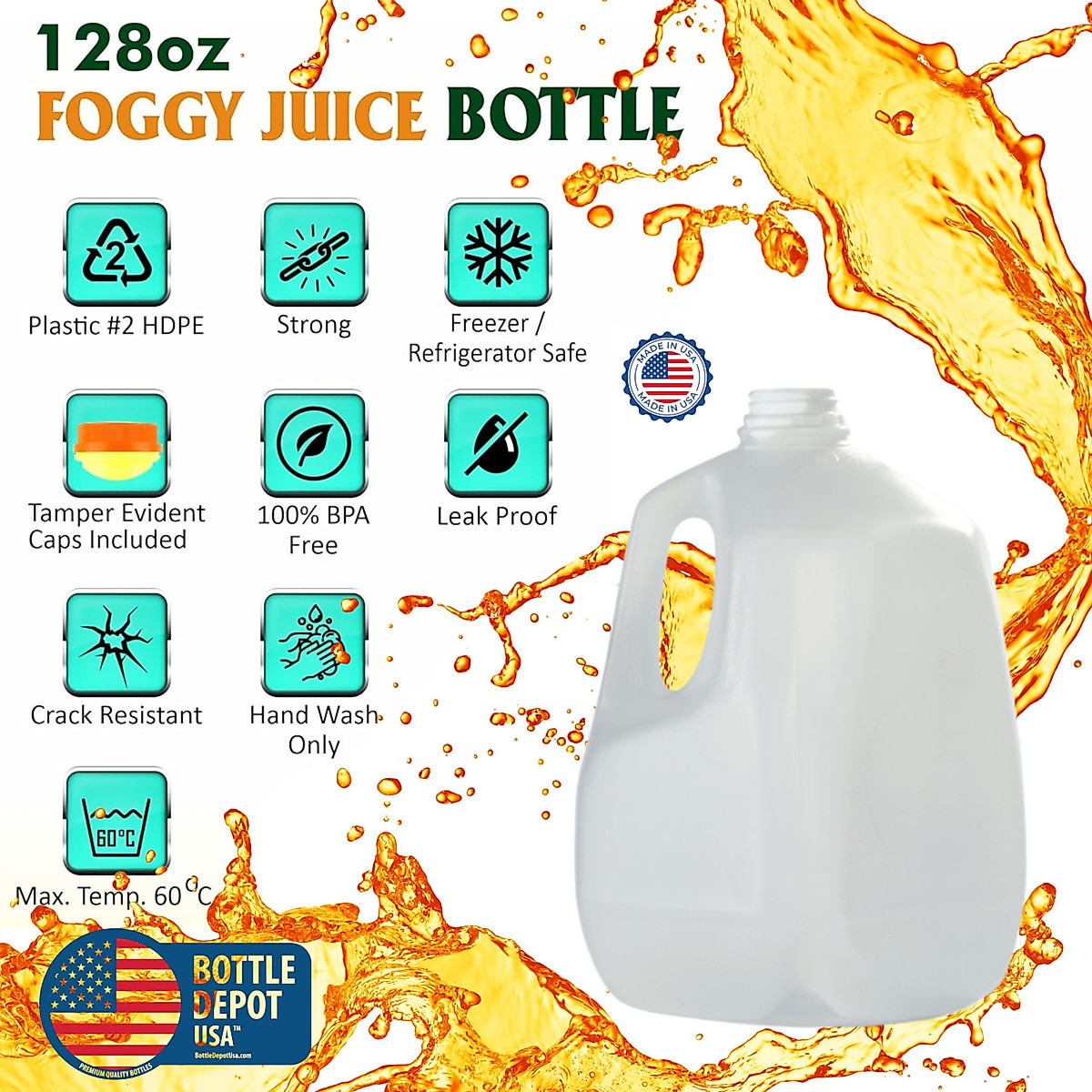 (4 PACK) 128 Oz Empty Plastic Gallon Juice Bottles with Tamper Evident WHITE Caps - Smoothie Bottles - Ideal for Juices, Milk, Smoothies, Picnic's and Even Meal Prep - Made in USA