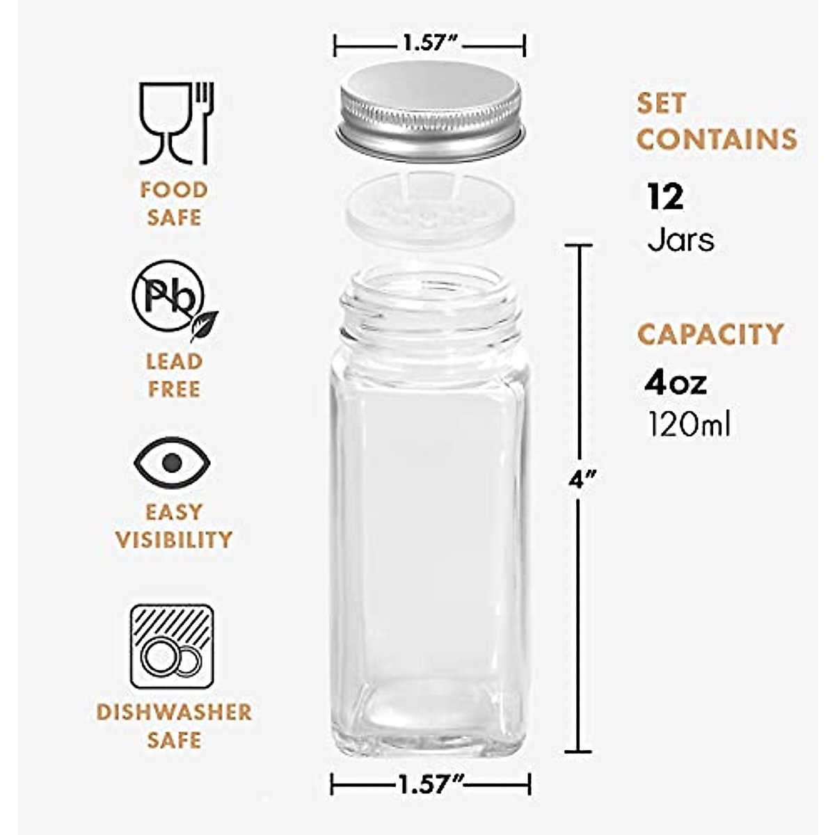 ROYALHOUSE 12 Pcs Glass Spice Jars/Bottles - 4oz Empty Square Spice Containers with Spice Labels and Airtight Metal Caps with Shaker Lids