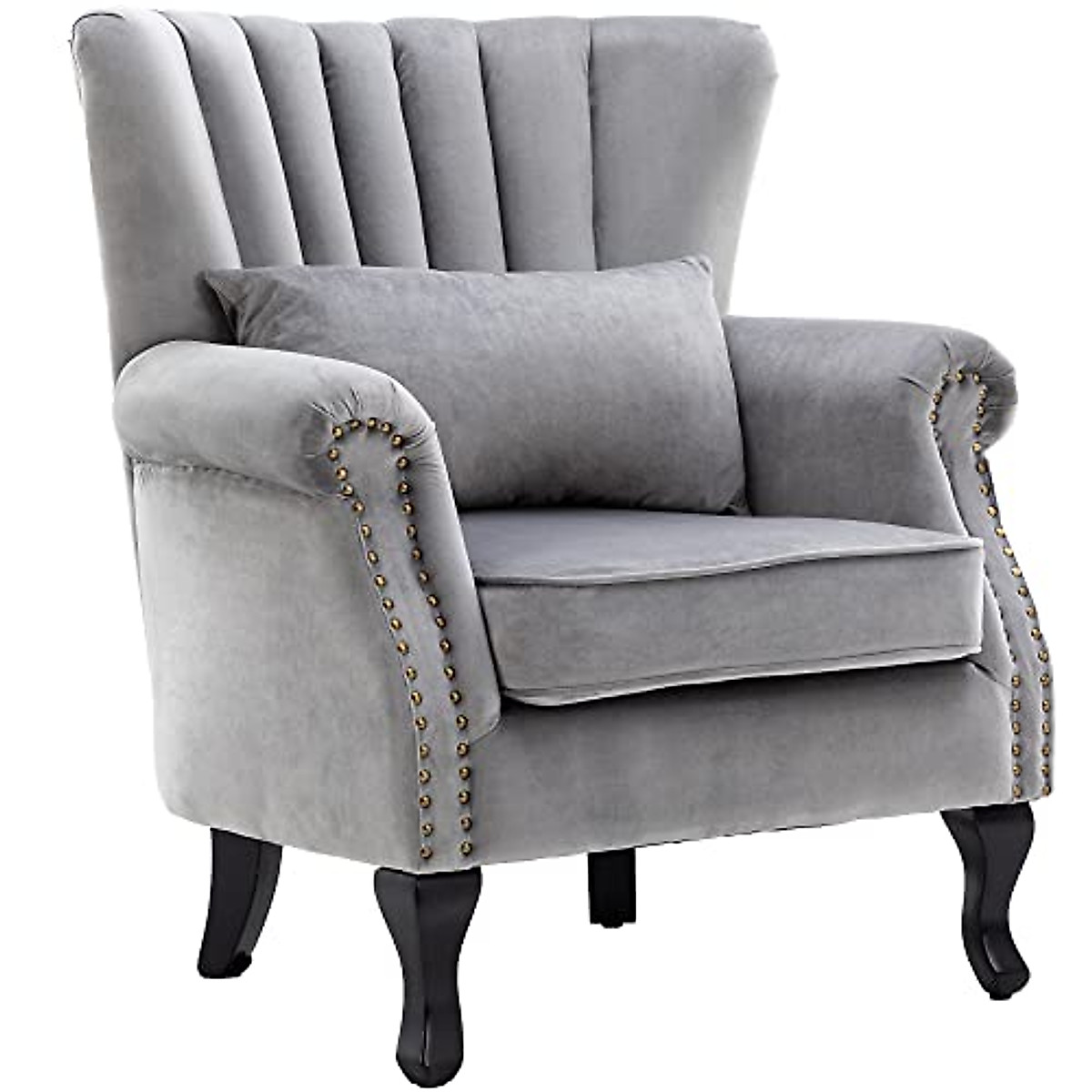 DM Furniture Mid Century Accent Chair Modern Tufted Wingback Armchairs Club Chair Velvet Single Sofa Lounge Chair with Pillow for Living Room, Grey
