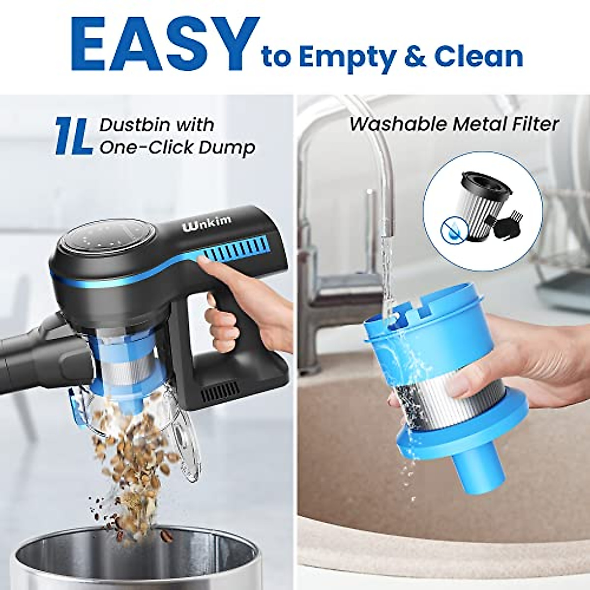 WnkimTech Cordless Vacuum Cleaner, 25Kpa Powerful Stick Vacuum for Hardwood Floor, 45 Min Rechargeable Battery, 6 in 1 Lightweight Upright Vacuum with LED Display for Pet Hair Carpet