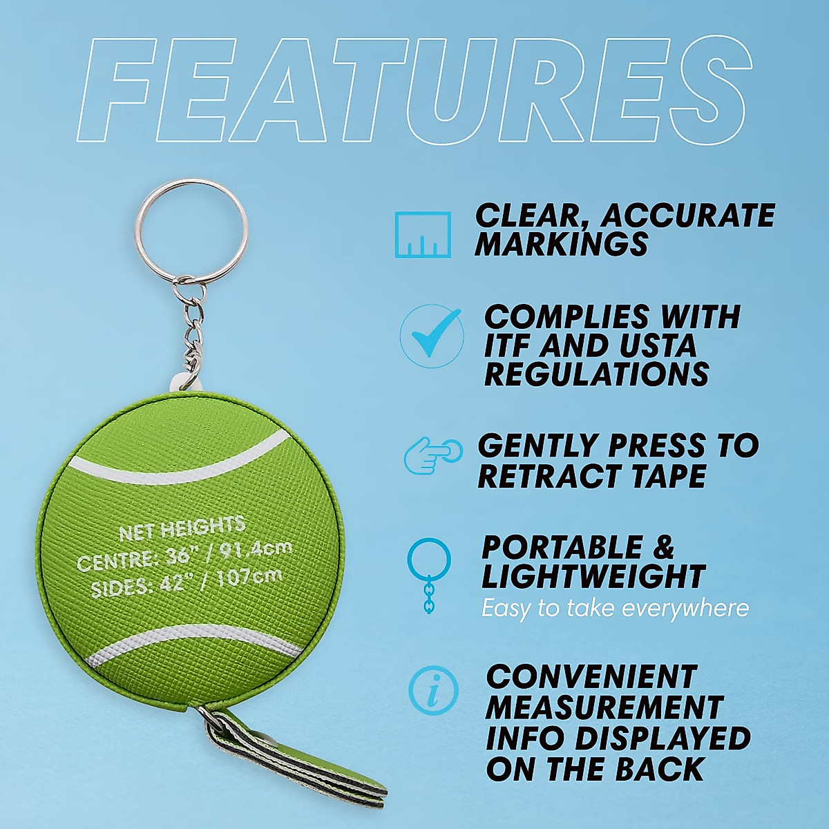 Scoring Right Tennis Net Height Mini Measuring Tape and Keyring, Portable 59 Inch Flexible Measuring Tape for Measuring Tennis Net Height, Green