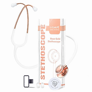 FriCARE Rose Gold Stethoscope - Gorgeous Stethoscopes for Nurses, RN, Nursing School Students - Dual Head Estetoscopio for Professionals, StethoMedic Essentials, Nurses Day Gift, White Tubing, 29 inch