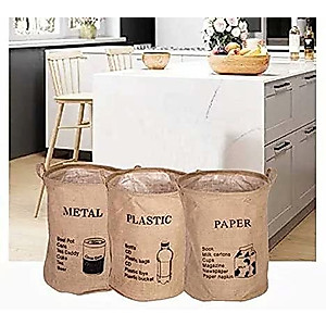 Dream Roca Natural Jute Recycling Bin Bag, Waste Bin Bags Basket for Home Kitchen Office - Round Reusable Recycle Garbage Trash Sorting Bins Organizer Baskets Recycling Container for Metal, Cans