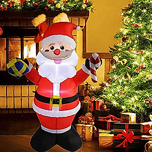 MRTREUP 5 ft Christmas Inflatables Santa Claus with LED Lights for Holiday Outdoor and Indoor Yard Decoration, Christmas Inflatable Outdoor Smiley Santa Claus Holding Gift Box and Candy Cane