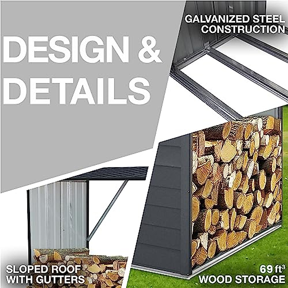 Hanover Indoor or Outdoor Firewood Rack, Open Woodshed for Wood Storage, Galvanized Steel Material, 7.1-Ft. x 2.75-Ft. x 5-Ft., Dark Gray