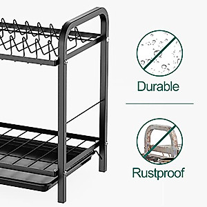 GSlife Dish Drying Rack, 2 Tier Rust-Resistant Dish Rack with Drainboard Compact Dish Drainer with Utensil Holder, Cutting Board Holder for Kitchen Counter, Black