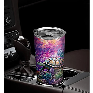 20oz Purple Stained Glass Flower Sea Turtle Tumbler, Gifts for Turtle Lovers, Ocean, Beach Gifts, Coffee Thermos for Women, Stainless Steel Double Wall Vacuum Insulated Coffee Mug, Travel Cup with Lid